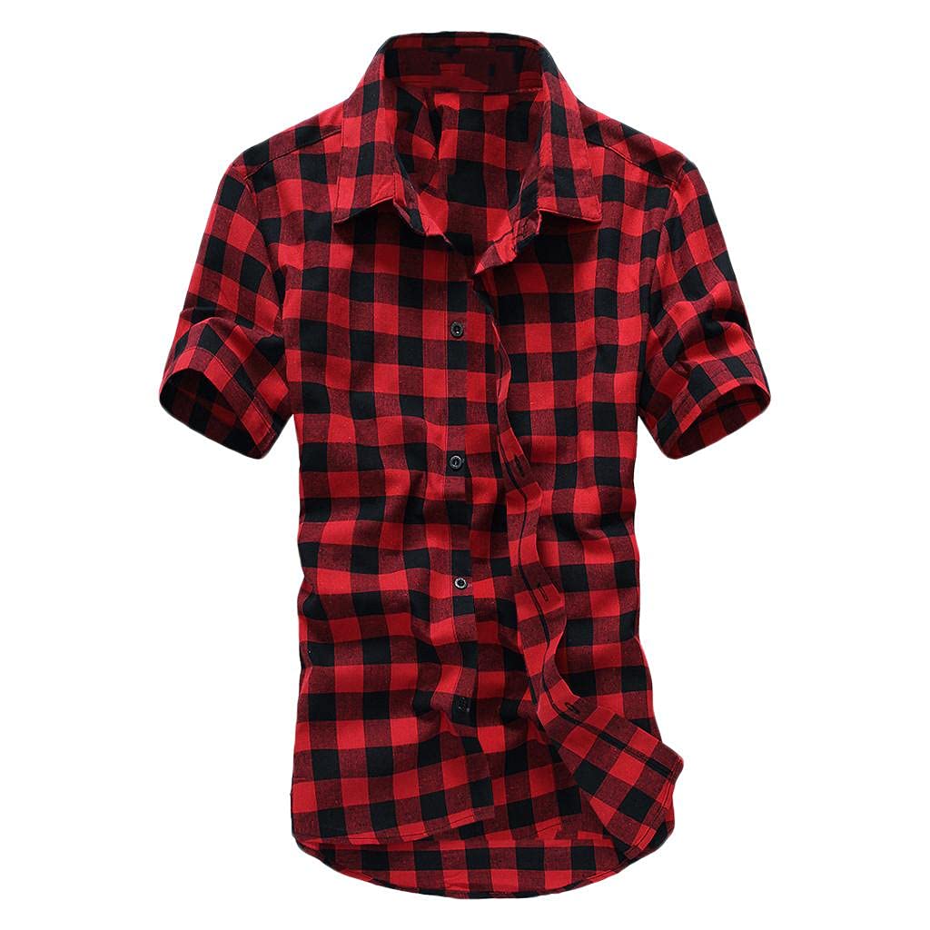 Burband Mens Fashion Short Sleeve Flannel Shirts Slim Fit Causal Button Down Plaid Designer Shirts Camisas de Hombre Red