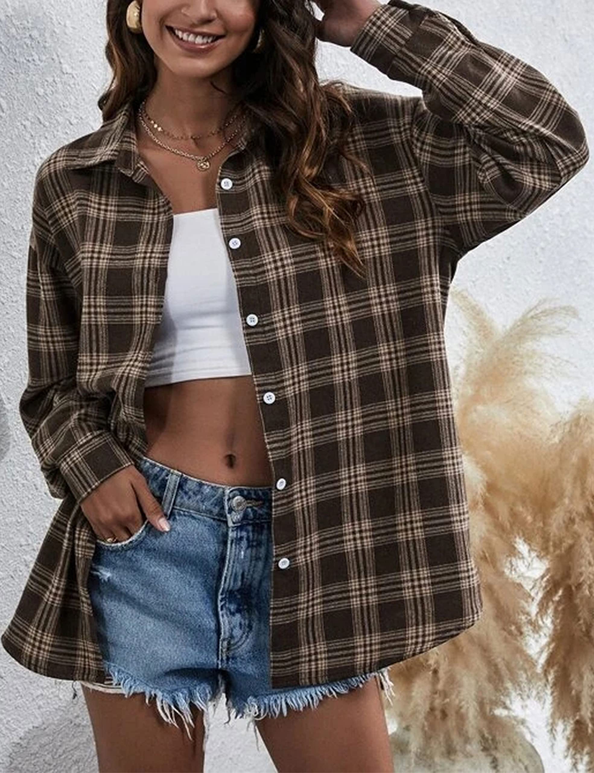 Bozanly Flannel Buffalo Plaid Shirts for Women Oversized Button Down Shacket Blouse Tops(0001-Brown-S)