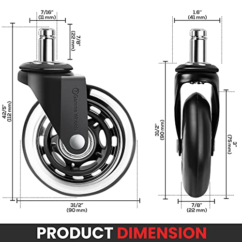Gamma Office Chair Wheels Black, Pack of 5, 7/16 x 7/8 Inch β Heavy Duty Chair Wheels Replacement for Scratch-Free, Smooth & Silent Rolling β Suitable for Floors & Carpet