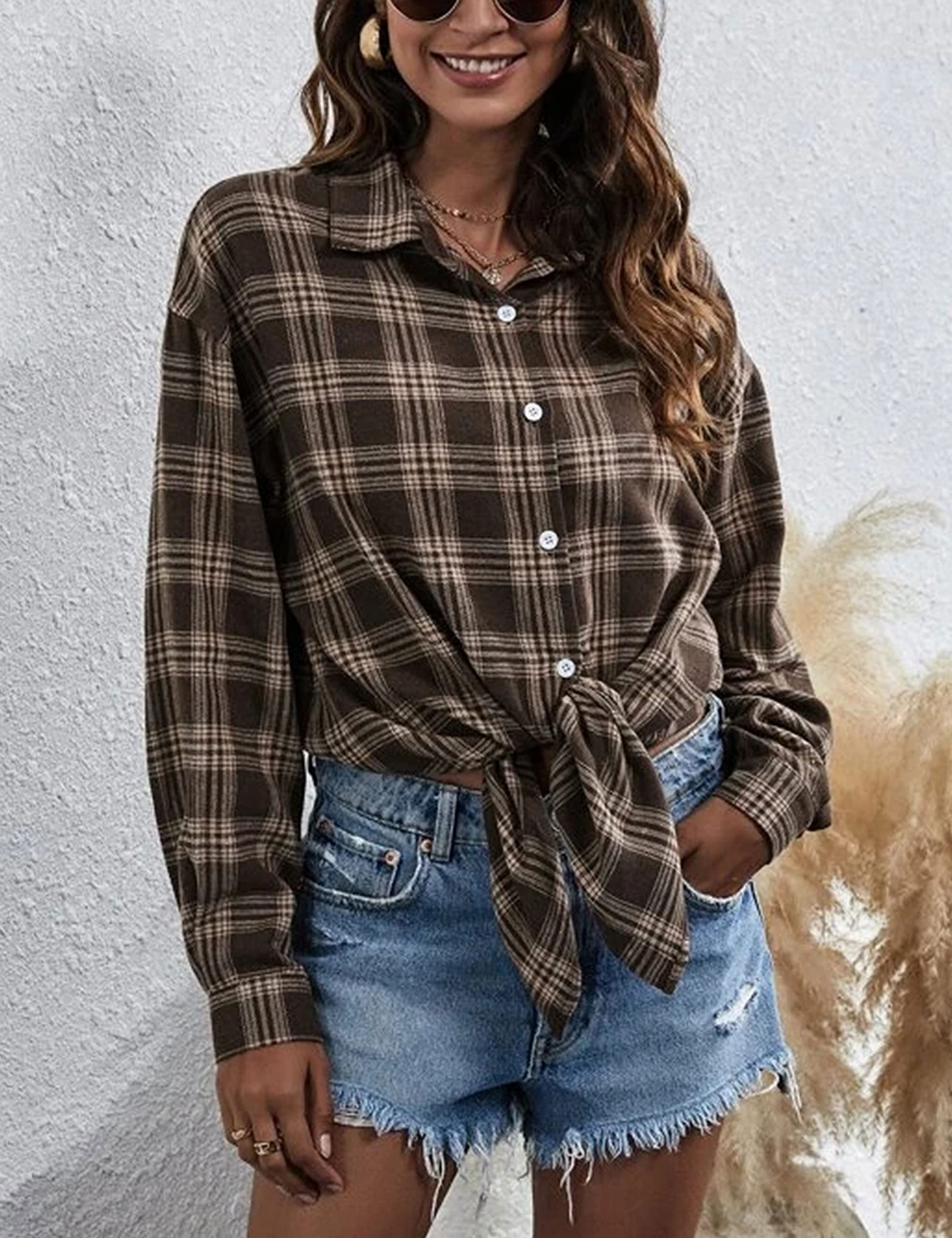 Bozanly Flannel Buffalo Plaid Shirts for Women Oversized Button Down Shacket Blouse Tops(0001-Brown-S)