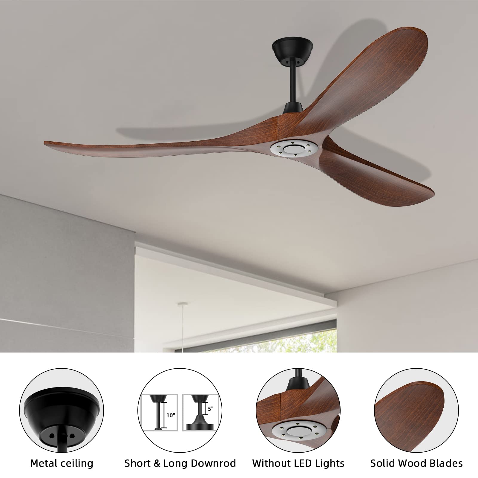 Obabala 60'' Outdoor Ceiling Fan with Remote Control, 3 Balsa Wood Blades, Matte Black, Reversible DC Motor Quiet Energysaving, for Bedroom Patios Kitchen Farmhouse, Indoor/Outdoor Ceiling Fan