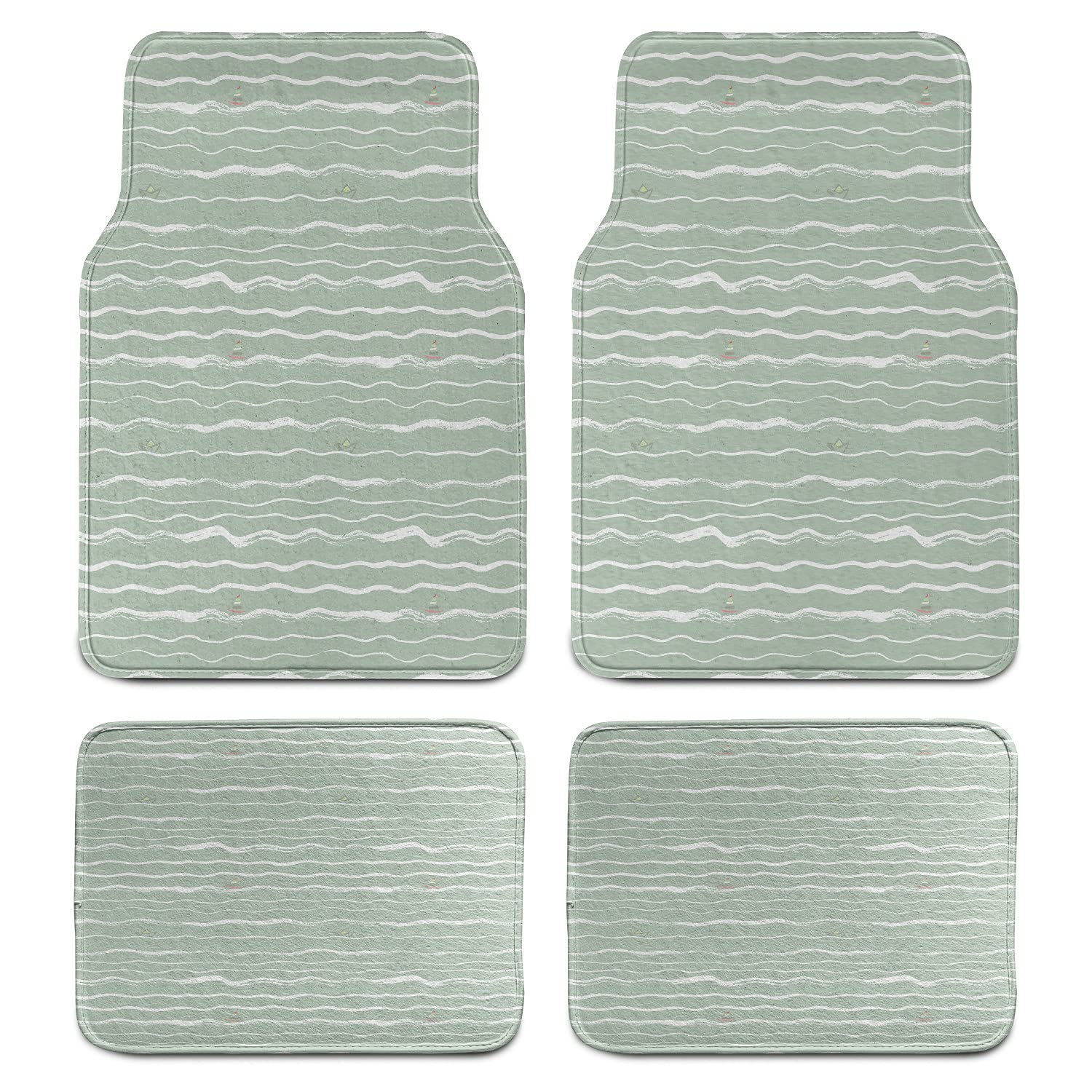 Lunarable Nautical Car Mat Set of 4, Pattern of Hand Drawn Waves with Boats Floating, Front & Back Seat Floor Mat Durable PVC Backing Car Accesory, Sage Green White