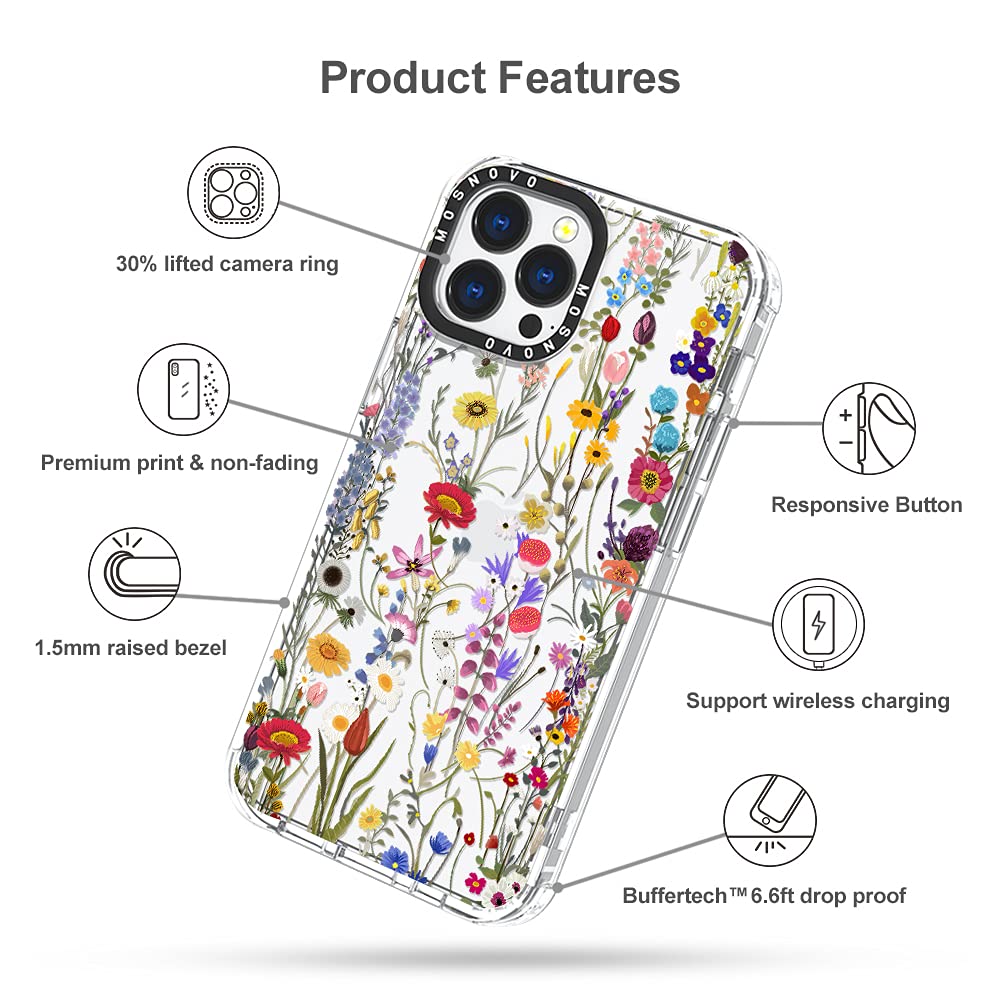MOSNOVO Case for iPhone 13 Pro Max, [Buffertech 6.6ft Military-Grade Drop Protection] [Anti Peel Off Tech] Clear TPU Bumper Phone Case Cover Design - Wildflower Meadow