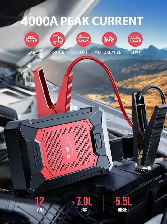 YABER Car Battery Jump Starter 4000A Portable Car Jump Starter Battery Pack (7.0L Gas/5.5L Diesel) 12V Jump Box Battery Jumper Starter Portable with Smart Safety Jumper Cables, LED Flashlight, Compact
