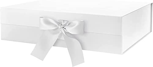 BLK&WH Extra Large Gift box with Ribbon 16.3x14.2x5 Inches, Large White Gift box with Lid for presents, Bridesmaid Proposal box, Big Gift box for Clothes and Large Gifts(Glossy White)