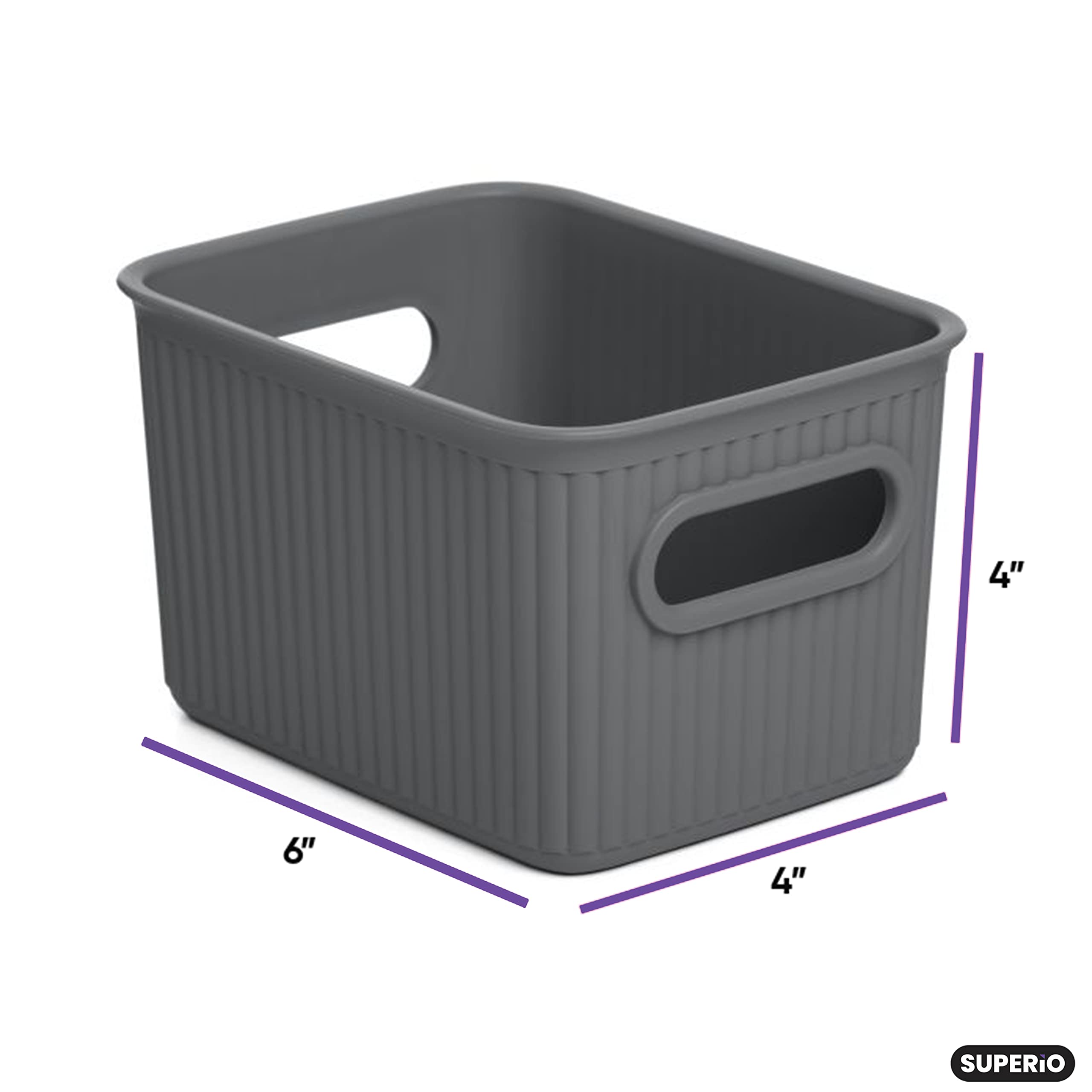 Superio Ribbed Collection - Decorative Plastic Open Home Storage Bins Organizer Baskets, Small Grey (1 Pack) Container Boxes for Organizing Closet Shelves Drawer Shelf 1.5 Liter
