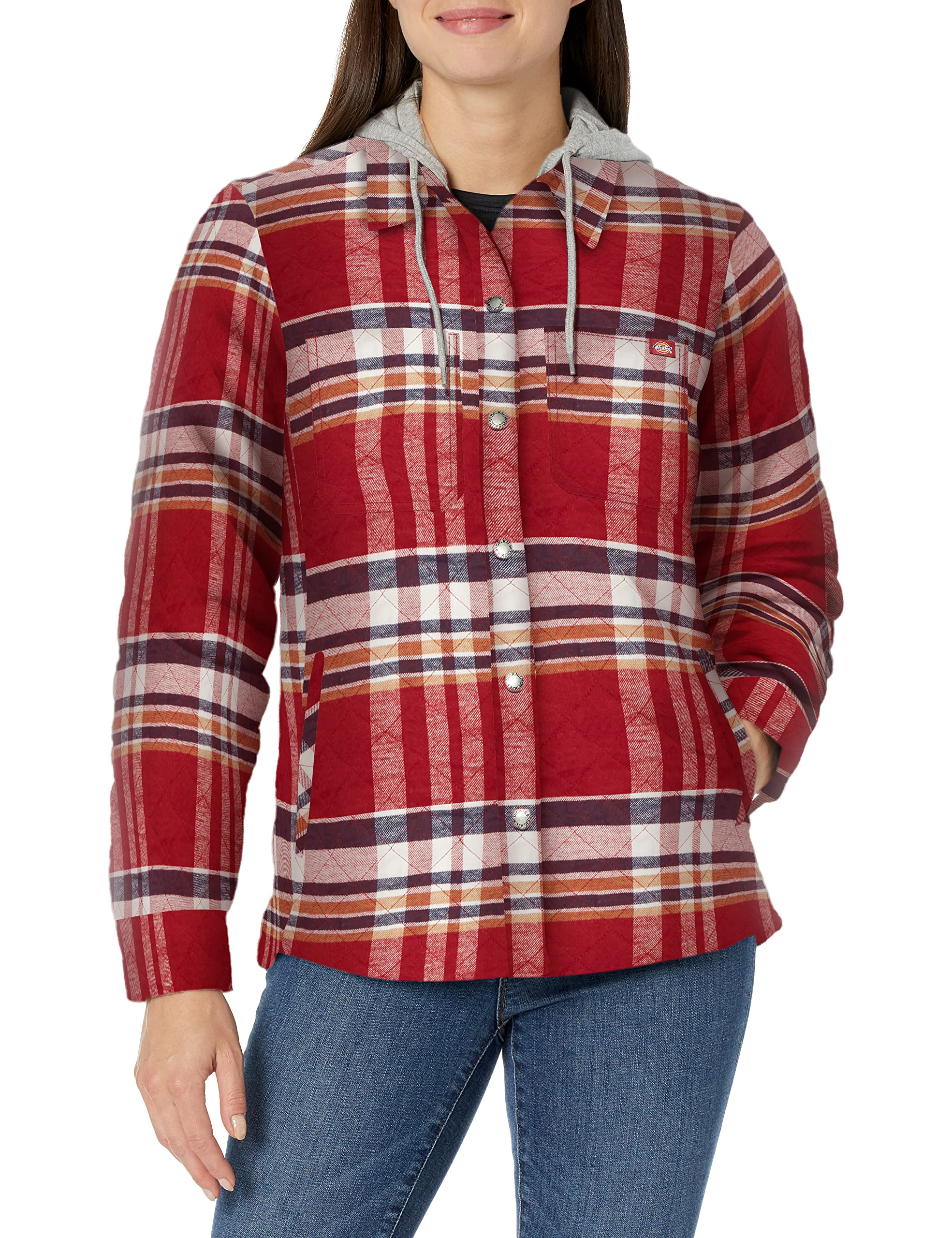 Dickies Women's Flannel Hooded Shirt Jacket, Boyfriend Aged Brick Plaid, X-Small
