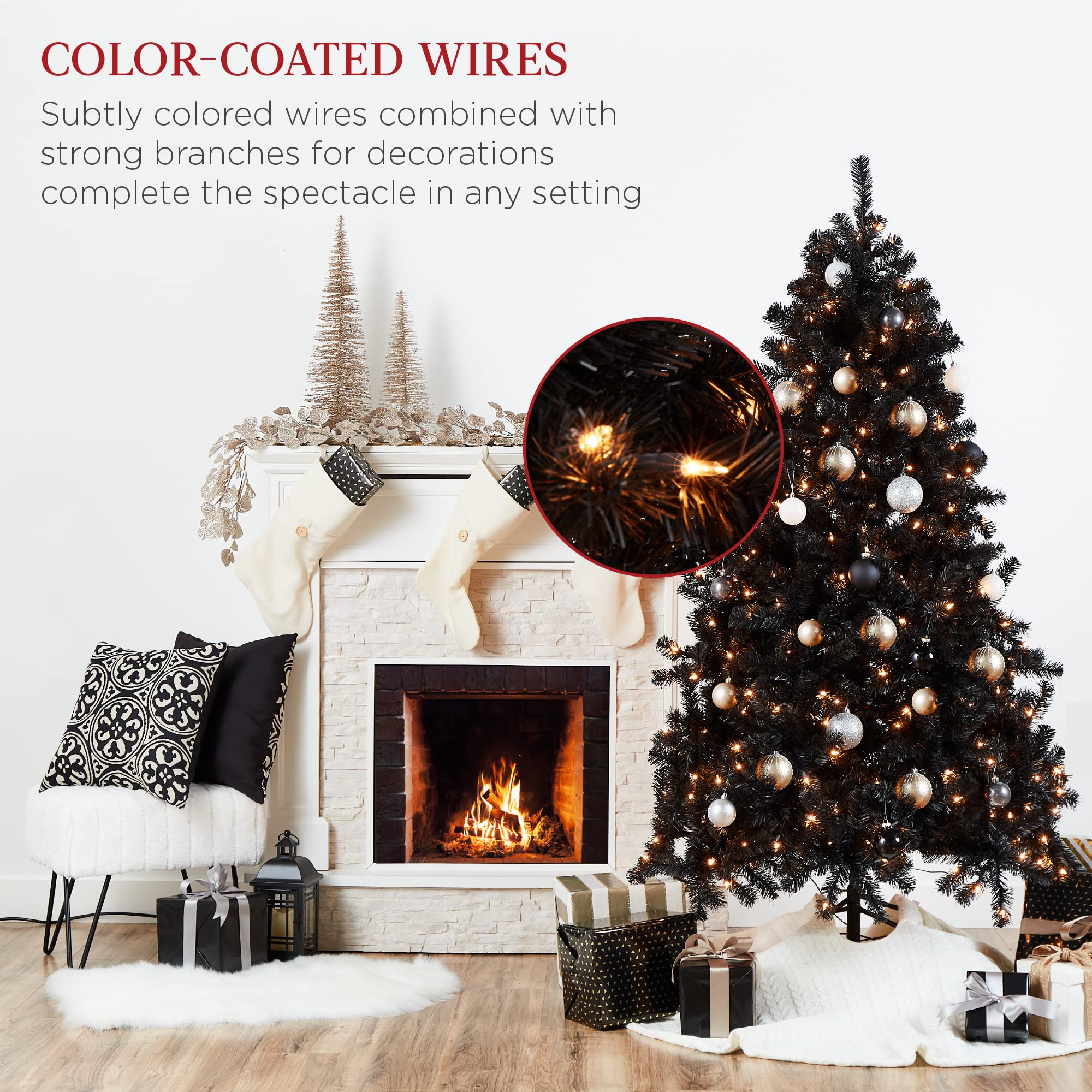 Best Choice Products 6ft Pre-Lit Black Christmas Tree, Full Artificial Holiday Decoration for Home, Office, Party Decoration w/ 947 Branch Tips, 250 Lights, Metal Hinges, Foldable Base