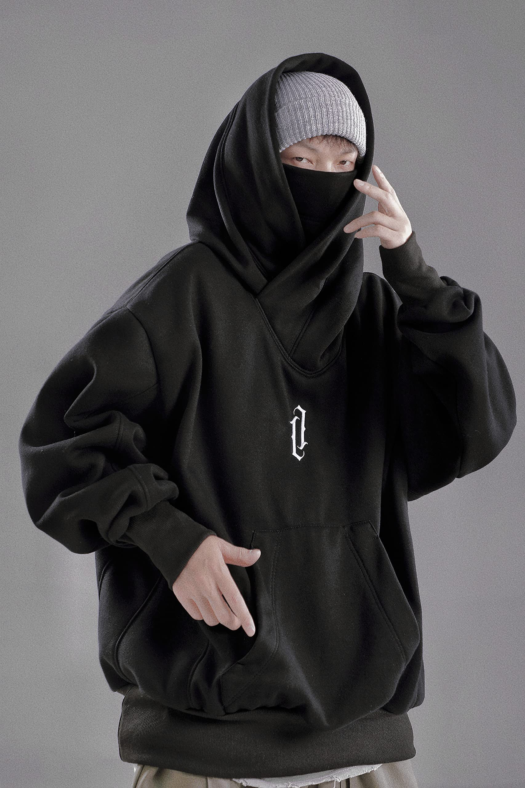 Niepce Inc Streetwear Men's Oversized Hoodie with Neck Gaiter (Black, Medium)