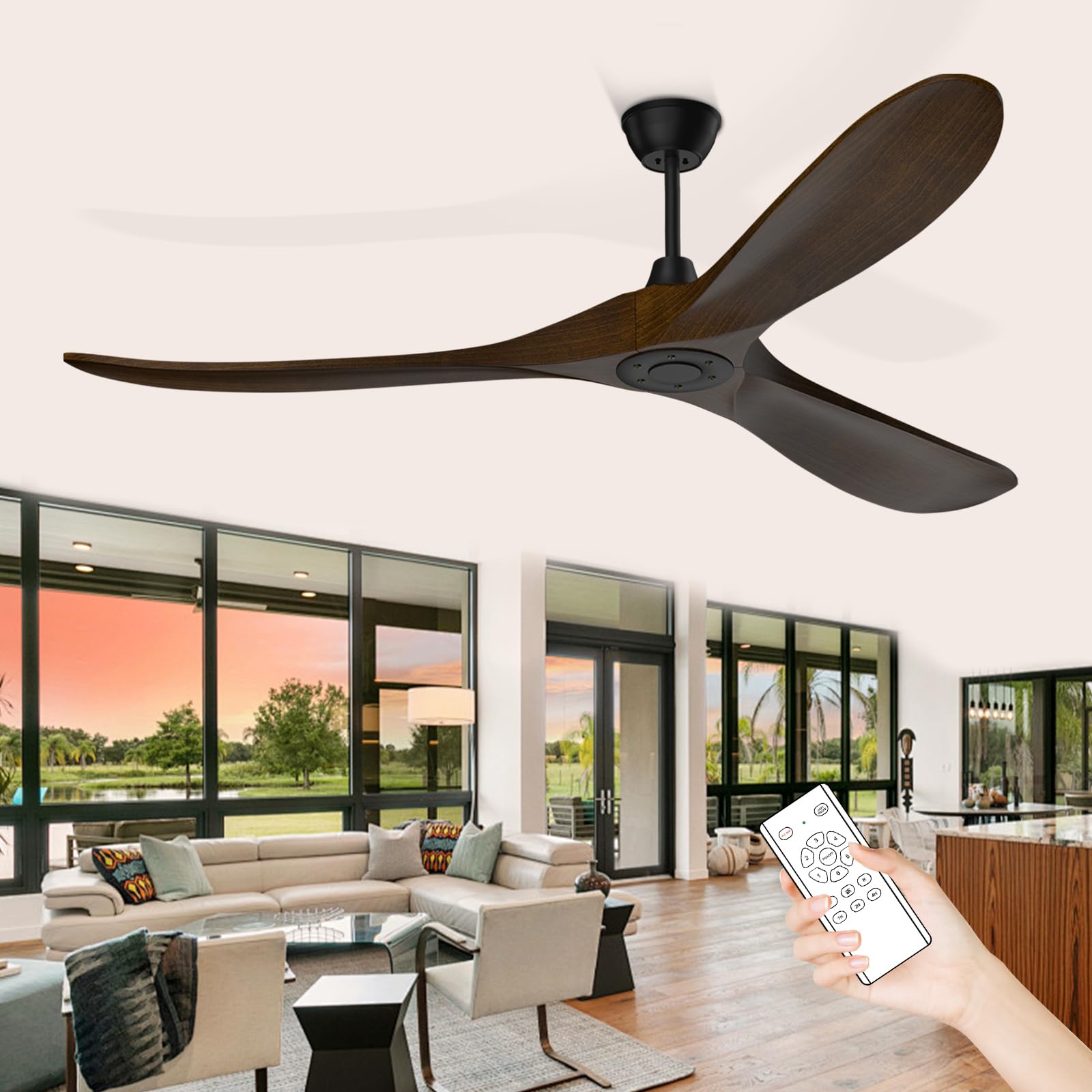 Obabala 60'' Outdoor Ceiling Fan with Remote Control, 3 Balsa Wood Blades, Matte Black, Reversible DC Motor Quiet Energysaving, for Bedroom Patios Kitchen Farmhouse, Indoor/Outdoor Ceiling Fan