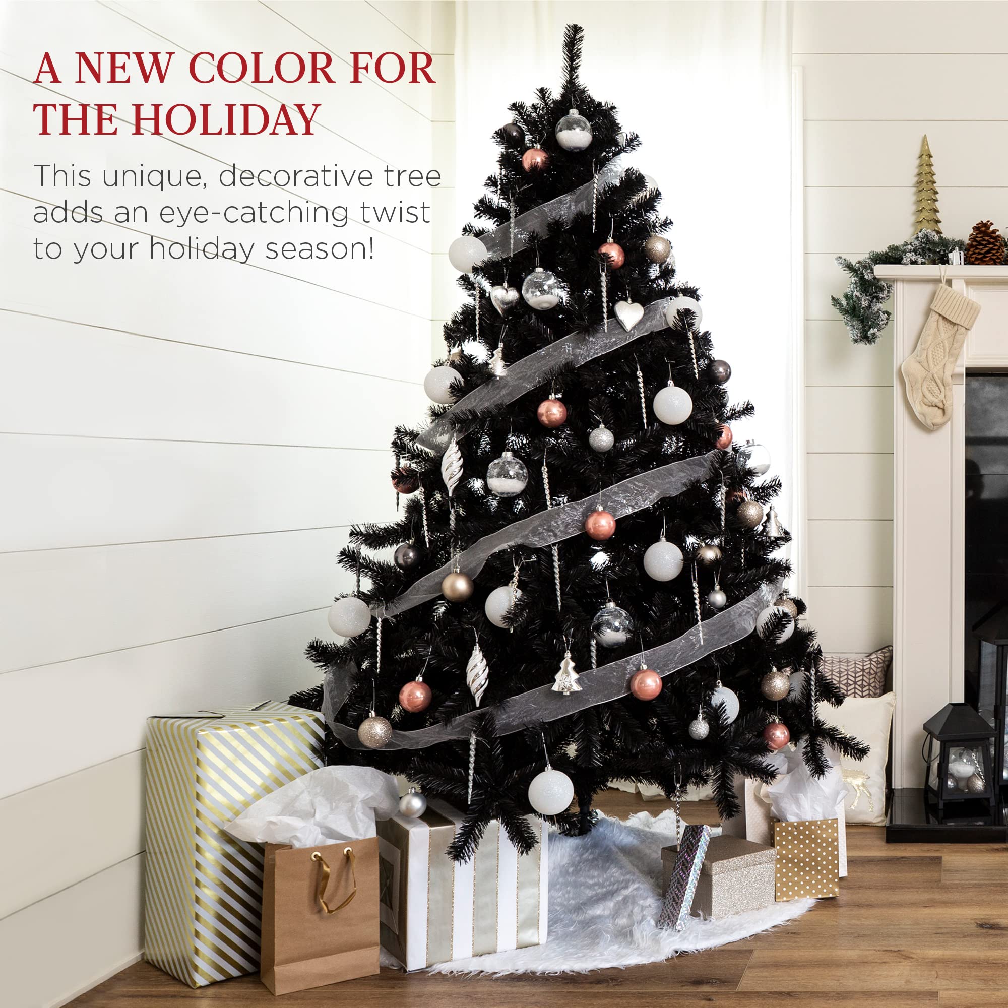 Best Choice Products 6ft Pre-Lit Black Christmas Tree, Full Artificial Holiday Decoration for Home, Office, Party Decoration w/ 947 Branch Tips, 250 Lights, Metal Hinges, Foldable Base