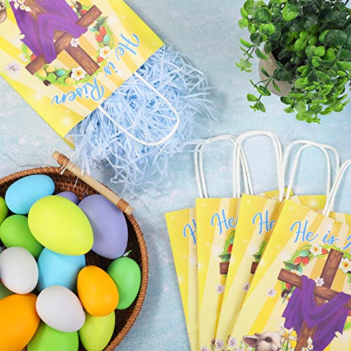 MIMIND 24 Pieces Easter Bunny Paper Gift Bags Inspiring He Is Risen Sign Candy Goodie Bags with Double Handles and Rayon Raffia for Easter Theme Bible Party Favors Egg Hunt Supplies