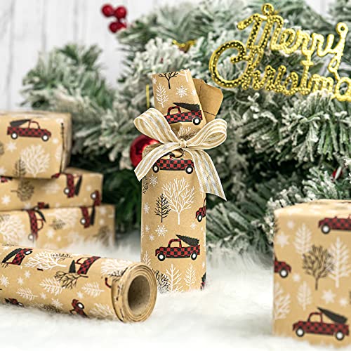 RUSPEPA Kraft Christmas Wrapping Paper Roll - Red Car Design for Holiday Gift Wrap - 17 Inches X 32.8 Feet