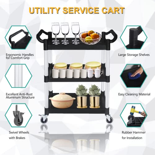 PELOEMNS Plastic Utility Carts with Wheels, Heavy Duty 480lbs Capacity Rolling Service Cart, 3-Tier Restaurant Food Cart with Hammer for Office, Warehouse, Garage (Lockable Wheels, Black)