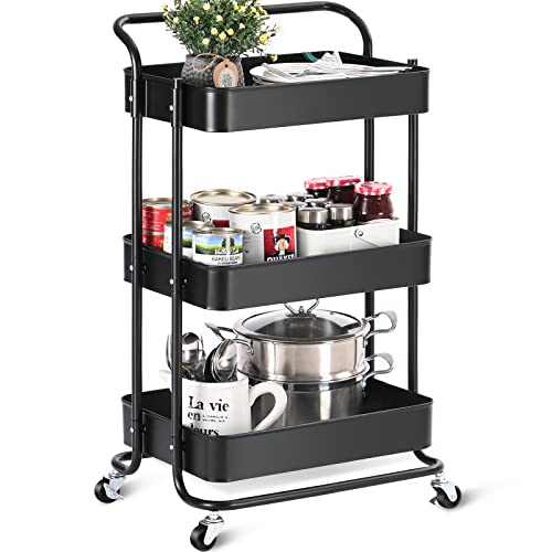 TOOLF 3 Tier Metal Rolling Cart, Utility Cart with Handle, Multifunction Storage Cart with Lockable Wheels, Serving Organizer Trolley with Mesh Basket for Kitchen, Bathroom, Office