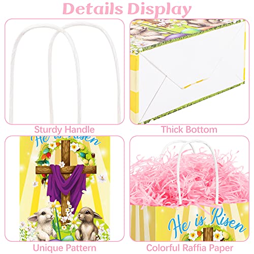 MIMIND 24 Pieces Easter Bunny Paper Gift Bags Inspiring He Is Risen Sign Candy Goodie Bags with Double Handles and Rayon Raffia for Easter Theme Bible Party Favors Egg Hunt Supplies