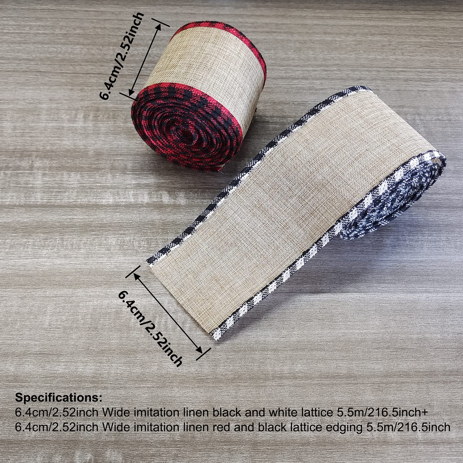2 Rolls Glitter Buffalo Plaid Wired Edge Ribbons for Valentine's Day Gifts, Burlap Fabric Craft Natural Wrapping Ribbon Rolls with Checkered Edge for Christmas Party Box Wrapping Decor(1.5 x 216 Inch)
