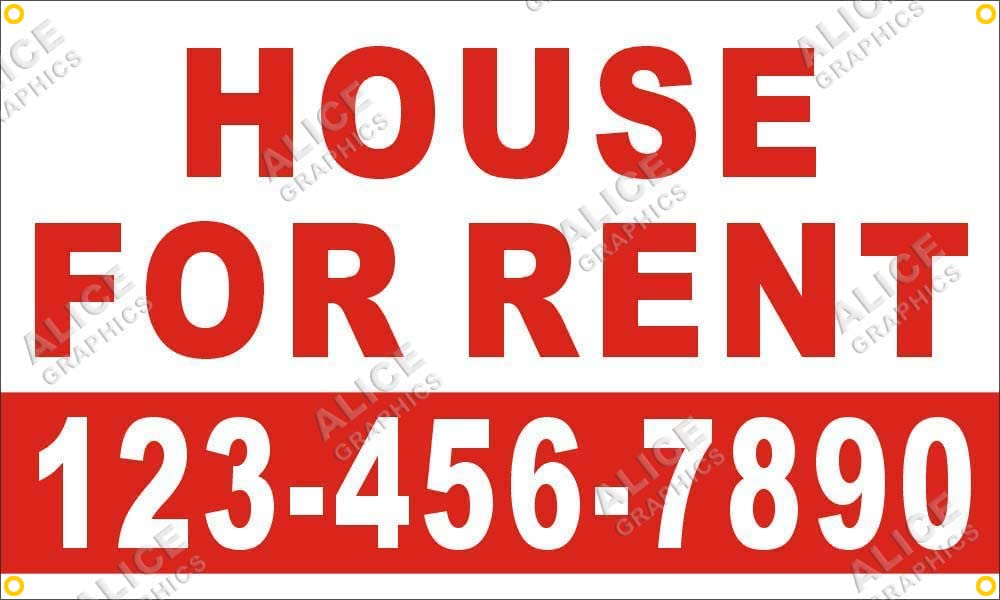 Alice Graphics 28" X 46" Custom Printed HOUSE FOR RENT Banner Sign with Your Phone Number (Design #2), Existing Text Change Available (Optional)