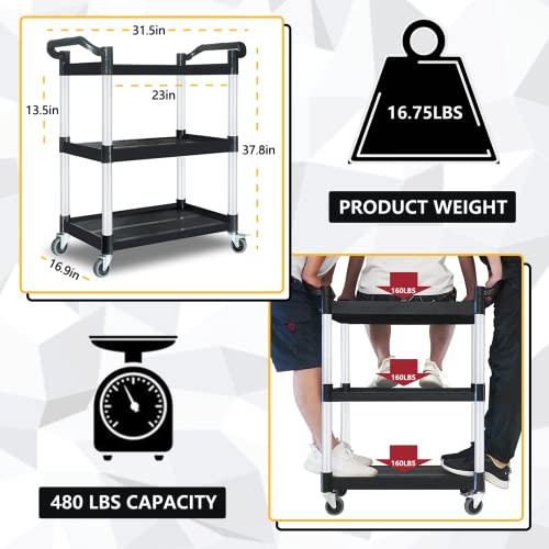 PELOEMNS Plastic Utility Carts with Wheels, Heavy Duty 480lbs Capacity Rolling Service Cart, 3-Tier Restaurant Food Cart with Hammer for Office, Warehouse, Garage (Lockable Wheels, Black)
