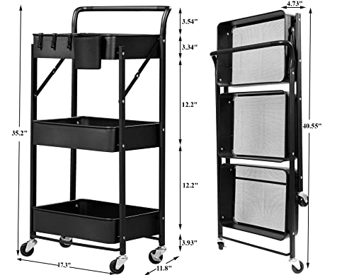 3 Tier Foldable Storage Cart with Wheels Folding Utility Rolling Cart Metal Kitchen Storage Organzier Cart for Classroom, Bedroom, Living Room