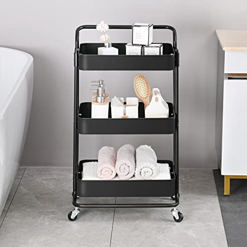 TOOLF 3 Tier Metal Rolling Cart, Utility Cart with Handle, Multifunction Storage Cart with Lockable Wheels, Serving Organizer Trolley with Mesh Basket for Kitchen, Bathroom, Office
