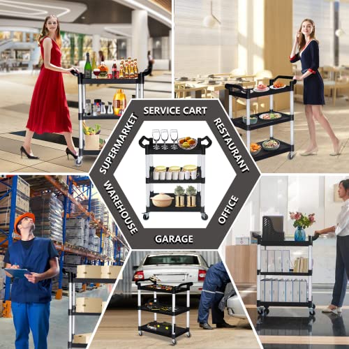 PELOEMNS Plastic Utility Carts with Wheels, Heavy Duty 480lbs Capacity Rolling Service Cart, 3-Tier Restaurant Food Cart with Hammer for Office, Warehouse, Garage (Lockable Wheels, Black)