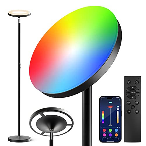 FTOYIN LED Floor Lamp, Smart RGB Bright Floor Lamp, Double Side Lighting LED Standing Lamp, Bright Lamps for Dark Rooms, LED Floor Lamps for Living Room, Bedroom, Office, Home, 24W 2600 Lumens
