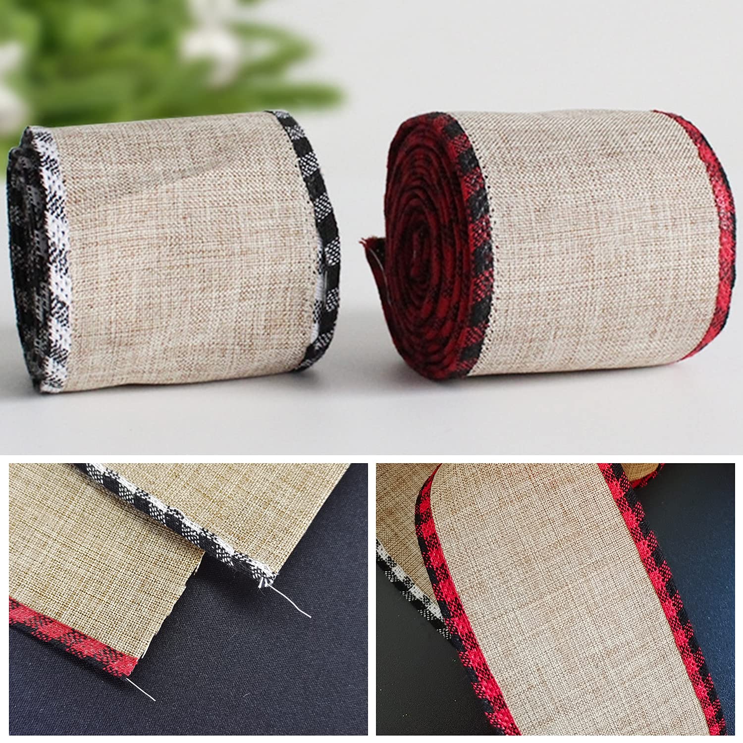 2 Rolls Glitter Buffalo Plaid Wired Edge Ribbons for Valentine's Day Gifts, Burlap Fabric Craft Natural Wrapping Ribbon Rolls with Checkered Edge for Christmas Party Box Wrapping Decor(1.5 x 216 Inch)