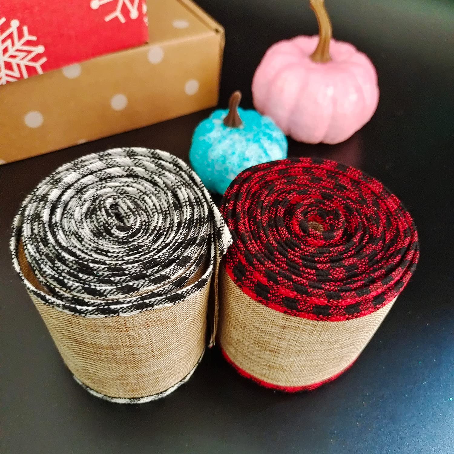 2 Rolls Glitter Buffalo Plaid Wired Edge Ribbons for Valentine's Day Gifts, Burlap Fabric Craft Natural Wrapping Ribbon Rolls with Checkered Edge for Christmas Party Box Wrapping Decor(1.5 x 216 Inch)