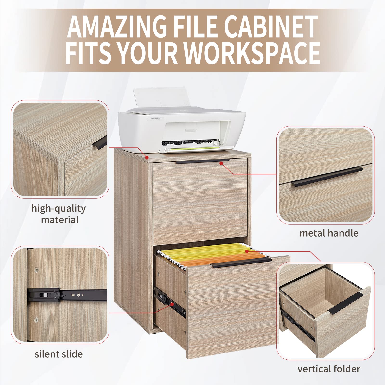 LUCYPAL 2 Drawer Wood File Cabinet,Wooden Storage Filing Cabinets with Hanging Bars for Letter Size,Under Desk Small File Cabinet for Home Office,Beige