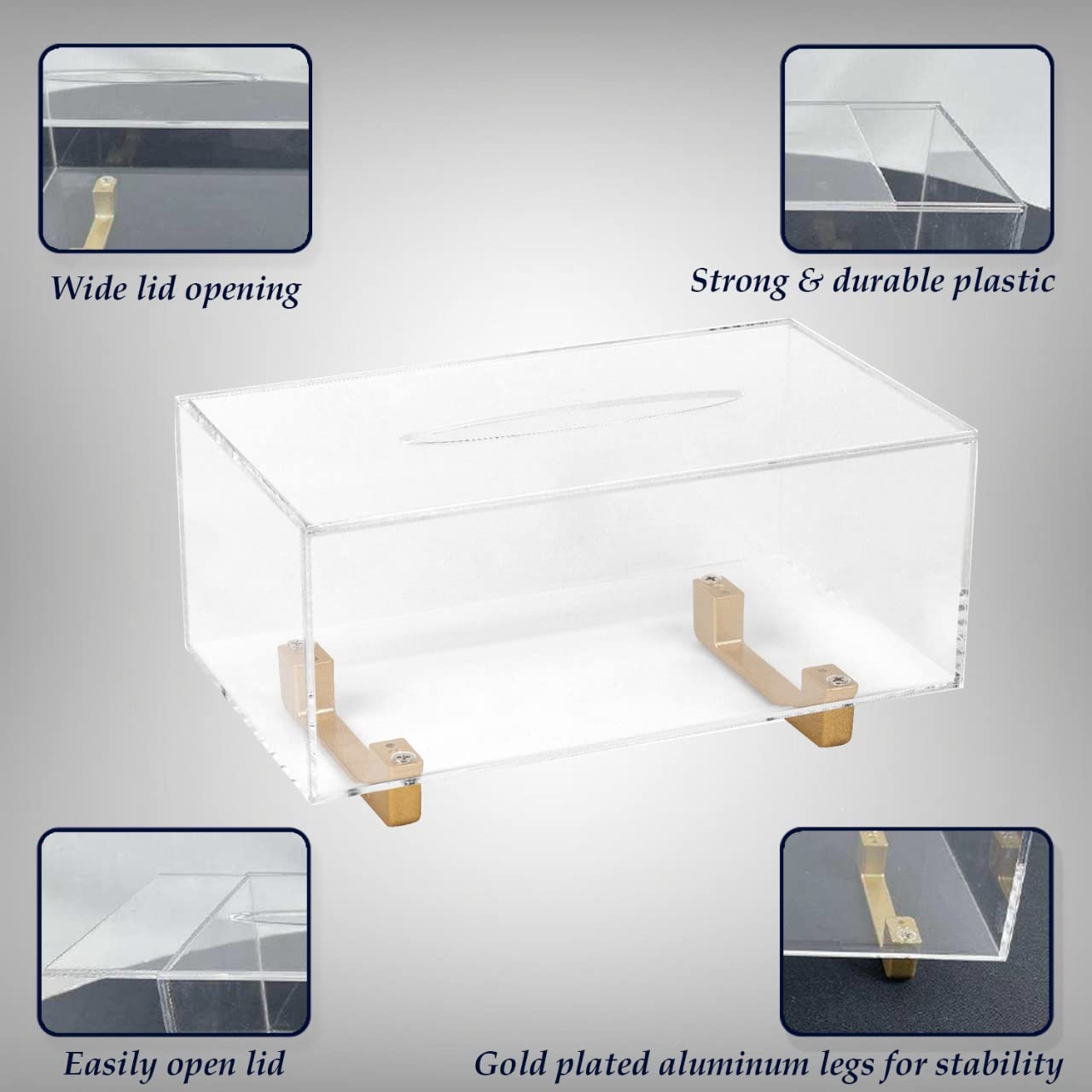 YoBa Thick Acrylic Tissue Box Holder Rectangular Clear Tissue Box Dispenser with Gold Plated Aluminum Legs for Bathroom, Kitchen, Bedroom, Office, Hotels and Restaurant