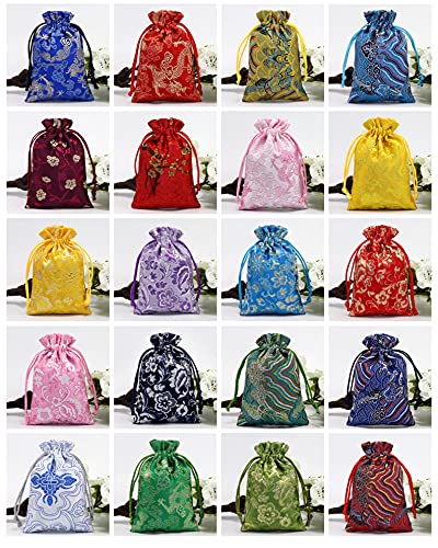 Tloml WU 20 Pcs Silk Brocade Drawstring Jewelry Bag Gift Pouch Value Set for Wedding Party Favors, Drawstring Coin Purse Embroidered Sachet Candy Chocolate Bag for Christmas New Year Birthday Party (4x5.5 inch)