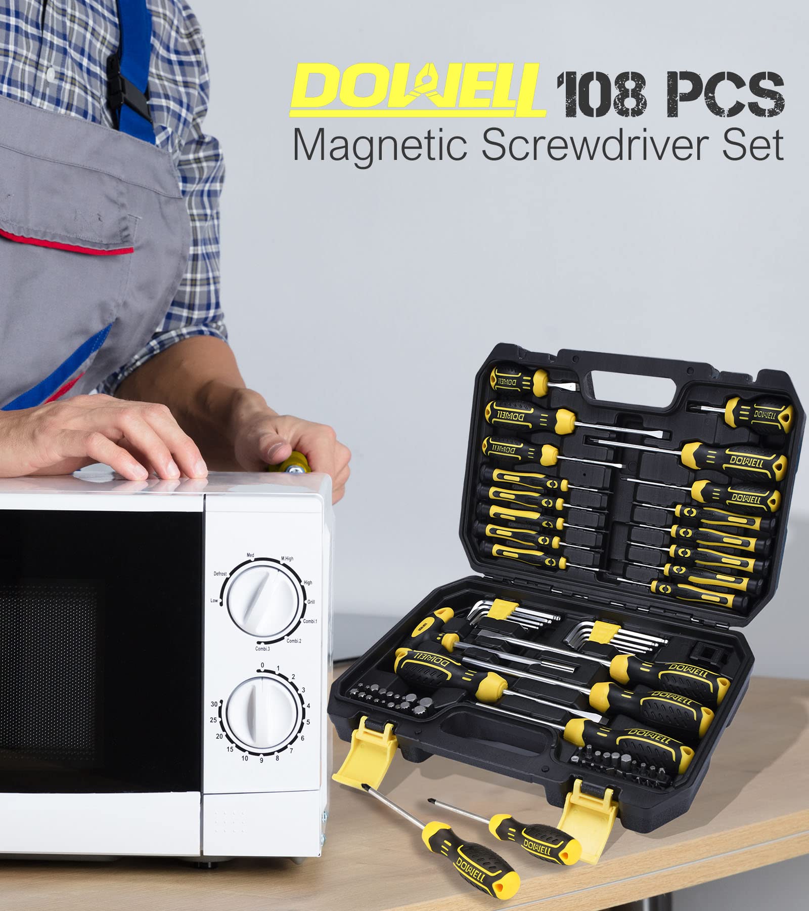 DOWELL Magnetic Screwdriver Set Slotted/Phillips/Torx 108-Piece Stubby Screwdriver Mini Precision Screwdriver Bits Set Hex Key Set Magnetizer Tool Kit for Repair Craft