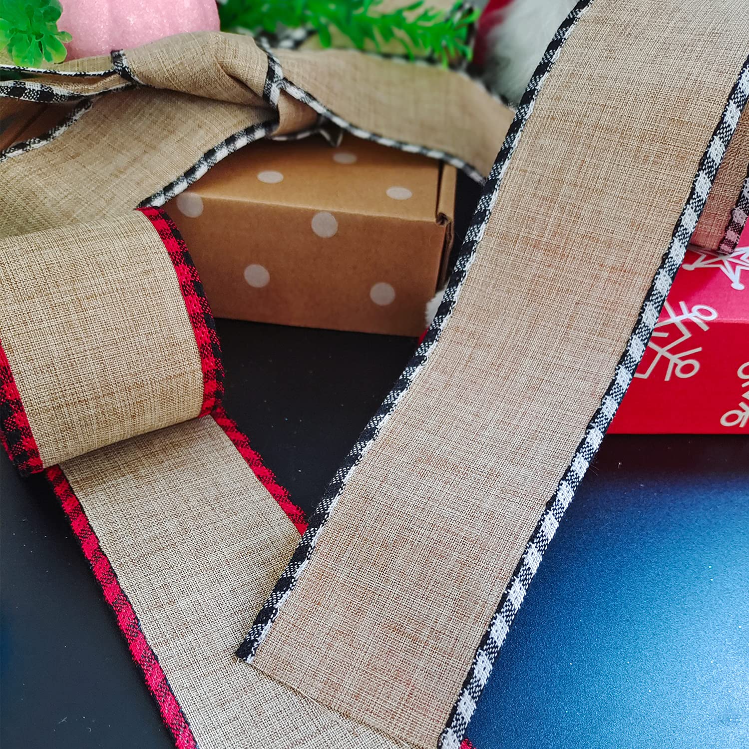 2 Rolls Glitter Buffalo Plaid Wired Edge Ribbons for Valentine's Day Gifts, Burlap Fabric Craft Natural Wrapping Ribbon Rolls with Checkered Edge for Christmas Party Box Wrapping Decor(1.5 x 216 Inch)