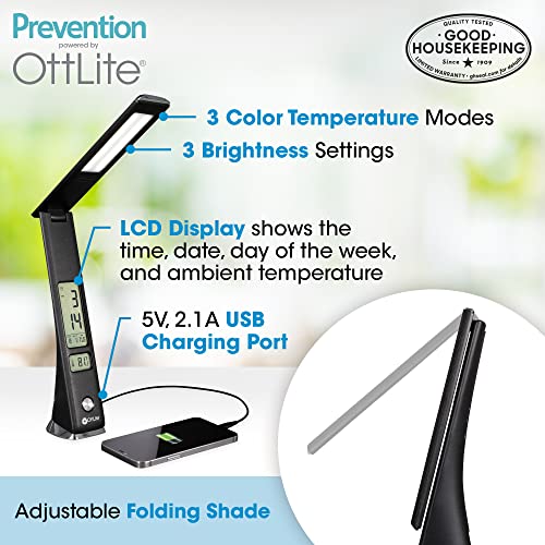 LED Task Adjustable Lamp with Digital Display, Prevention by OttLite - Designed to Reduce Eyestrain - Adjustable Neck, 3 Color Modes & USB Charging - Crafting, Office Work, Reading & Studying