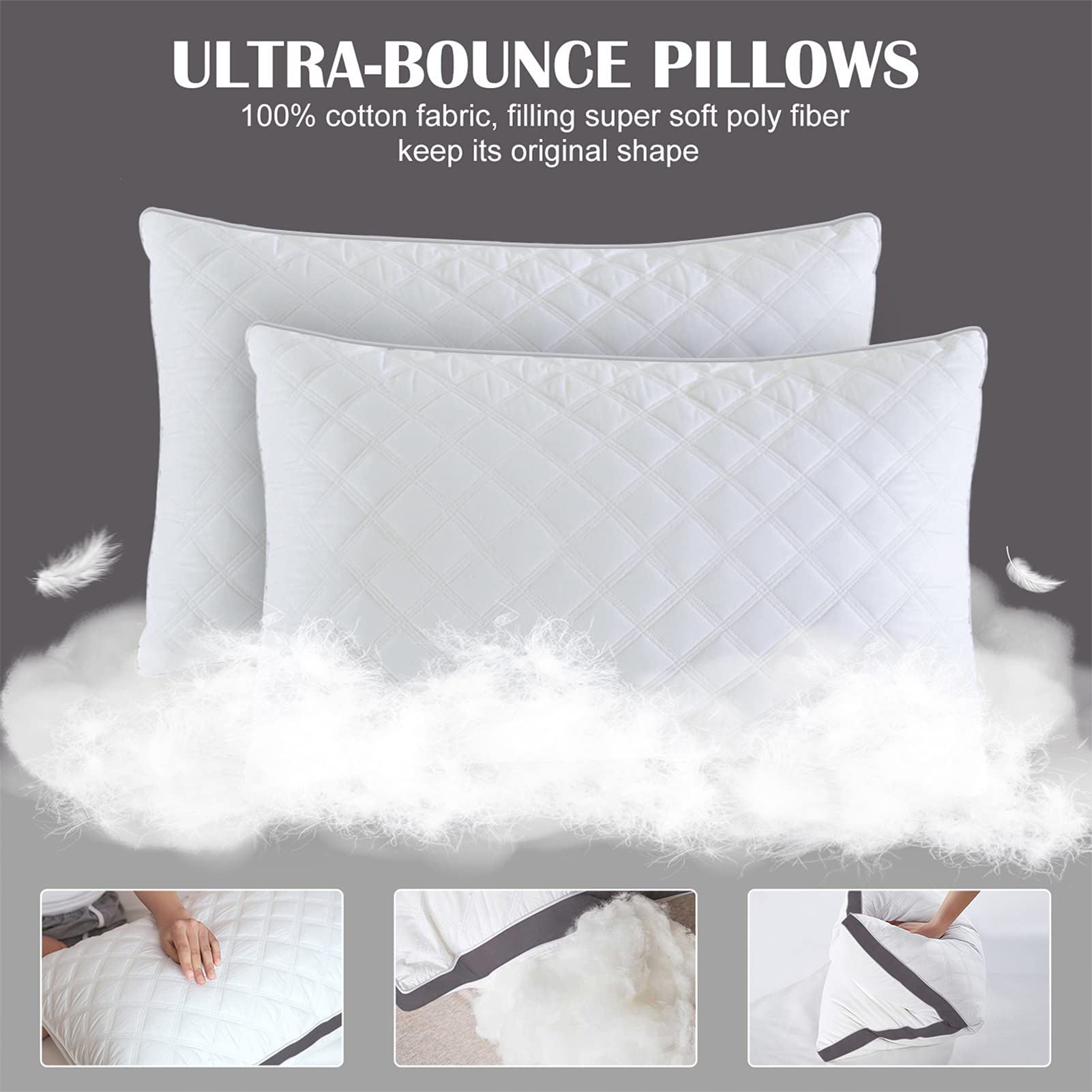 XCJC Sleep Bed Pillows 2 Pack: Comfort Luxury Standard Hotel Soft Pillows with Adjustable Fluffy Microfiber Filling Stuffing Washable Pillowcase for Back Stomach Side Sleepers - Size 20 x 26 Inches