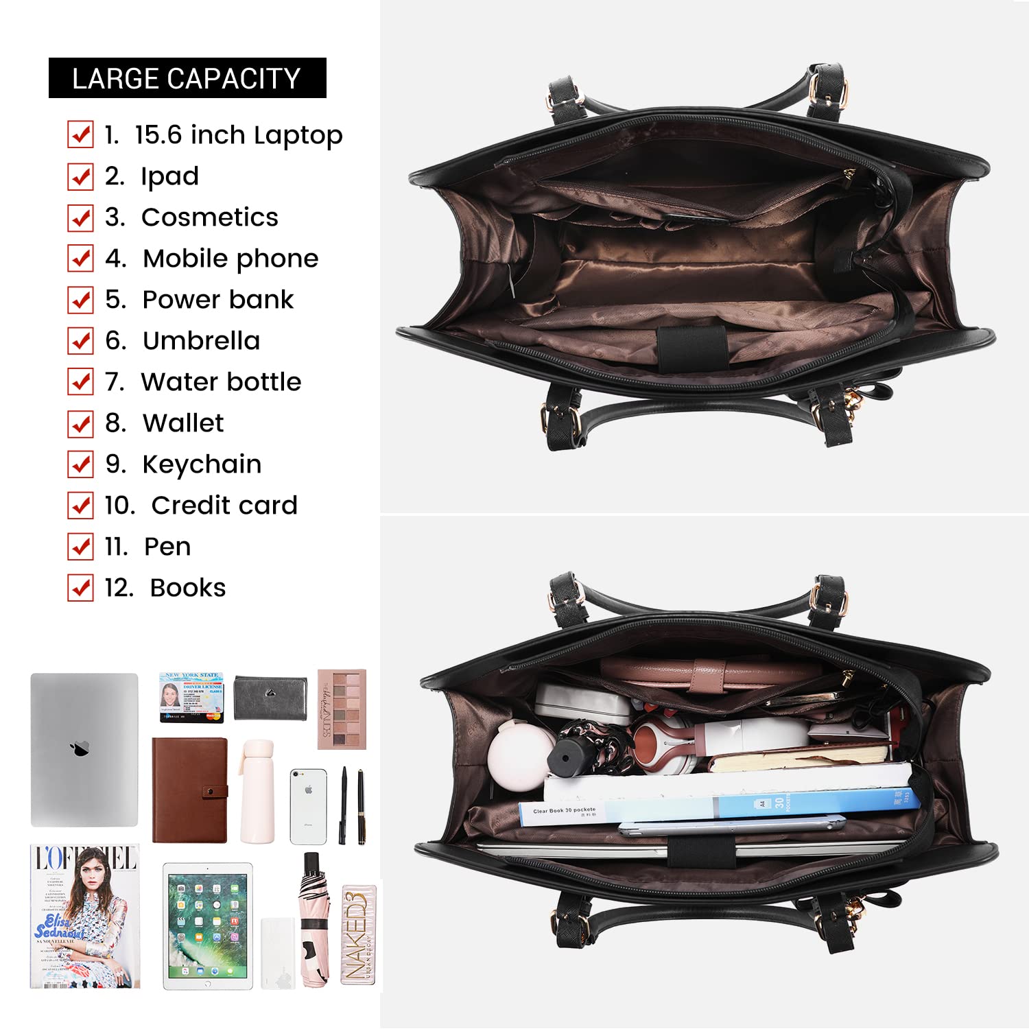 LOVEVOOK Laptop Bag for Women Work, Large Leather Laptop Tote Bag, 15.6 Inch Briefcase Purse Computer Bag with USB Charging Port, Business Office Handbag Shoulder Bag 2pcs Set, Black