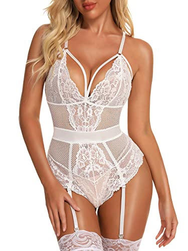 Donnalla Women Lingerie Set with Garter Belt Sexy Lace Bodysuit Fishnet One Piece Teddy (No Stockings)(White Small)