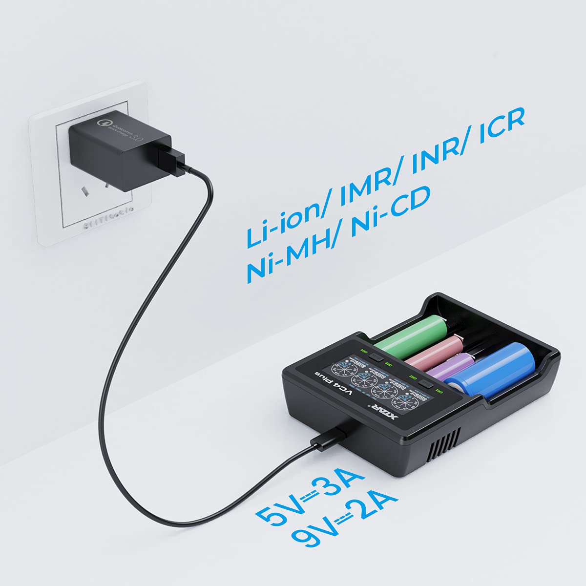 XTAR VC4 Plus Battery 3A Fast Charger, 4 Bay Rechargeable Battery Charger Extend Version for 3.6V 3.7V 18650/20700/21700 Li-ion IMR INR ICR for 1.2V AAA SC Ni-MH Ni-CD with QC3.0 Adapter