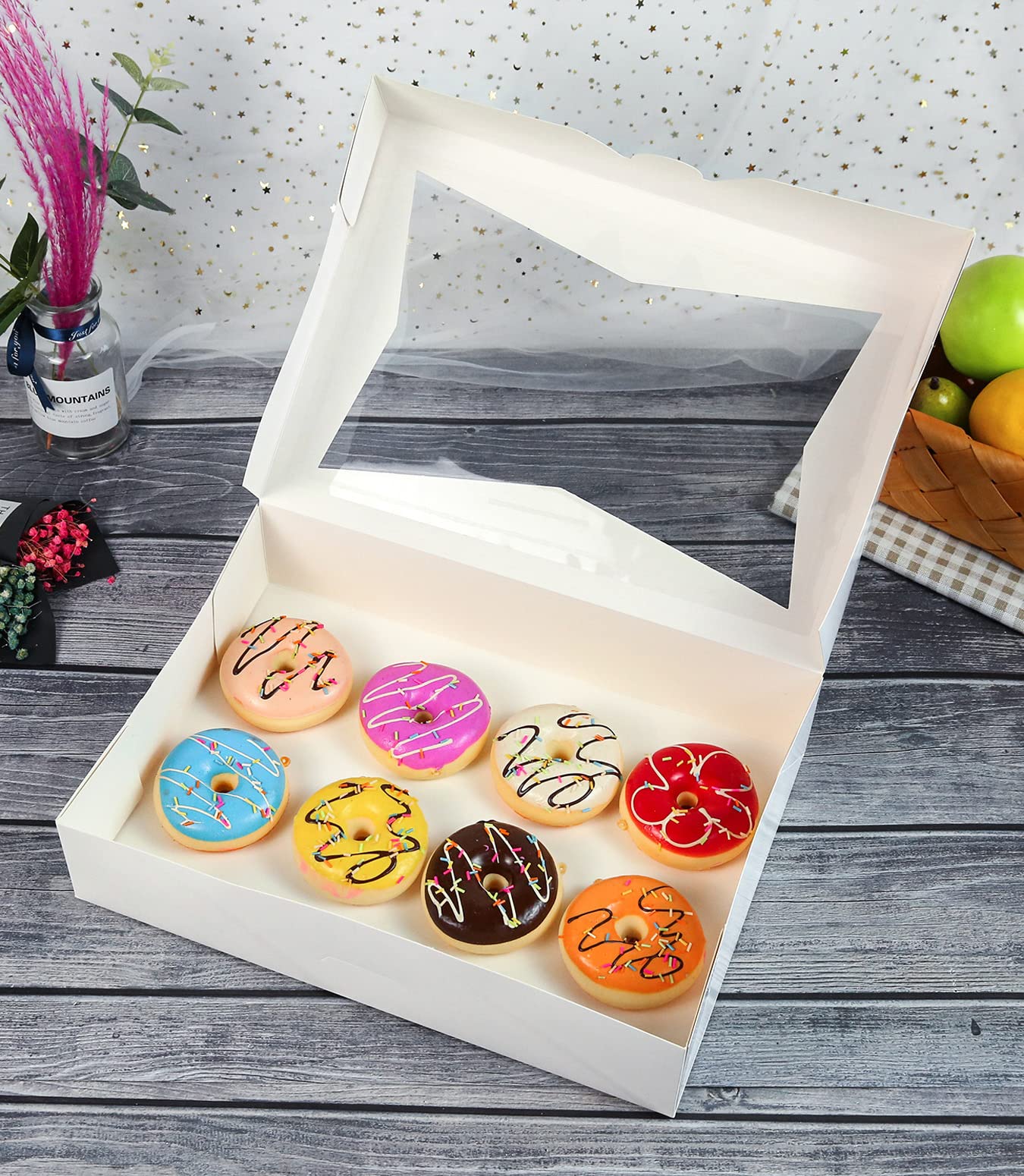 SOROO 15-PACK White Pastry Bakery Box 16x11x2.75inch,Large Donuts,Muffins,Cookies Boxes with PVC Window Auto-Pop up Paper Box Nature Cardboard Take Out Container,Hold 12 Donuts,Pack of 15