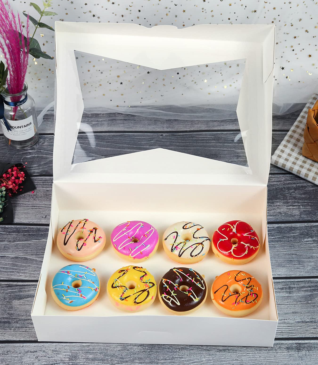 SOROO 15-PACK White Pastry Bakery Box 16x11x2.75inch,Large Donuts,Muffins,Cookies Boxes with PVC Window Auto-Pop up Paper Box Nature Cardboard Take Out Container,Hold 12 Donuts,Pack of 15