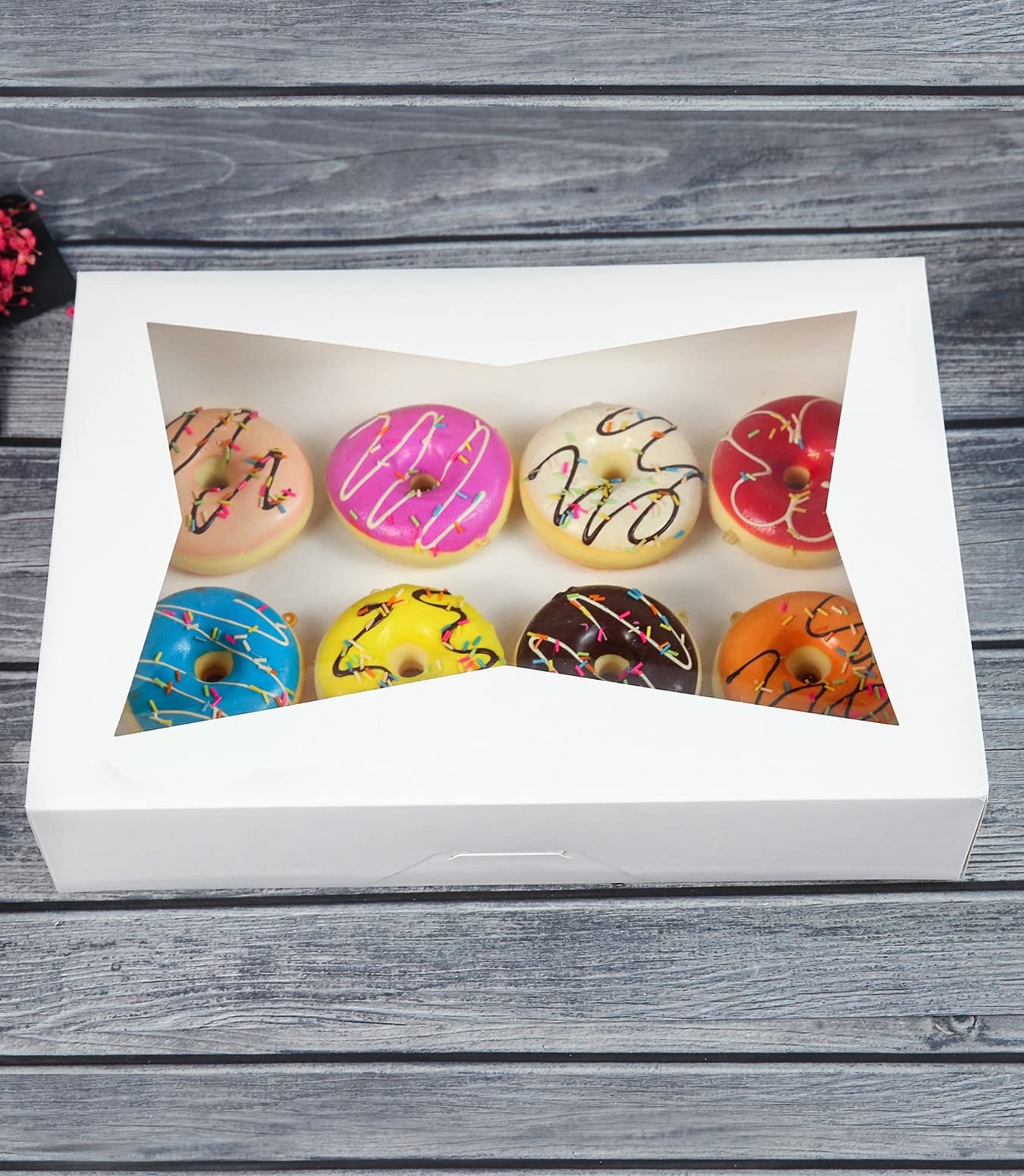 SOROO 15-PACK White Pastry Bakery Box 16x11x2.75inch,Large Donuts,Muffins,Cookies Boxes with PVC Window Auto-Pop up Paper Box Nature Cardboard Take Out Container,Hold 12 Donuts,Pack of 15