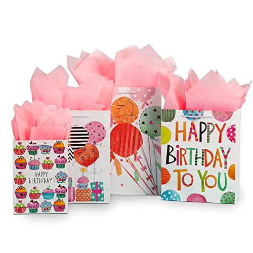 SHIPKEY 4 Pack Birthday Gift Bags Assortment with Pink Tissue Paper | Colorful Gift bags (3 Sizes) for Newborns/Kids/Men/Women