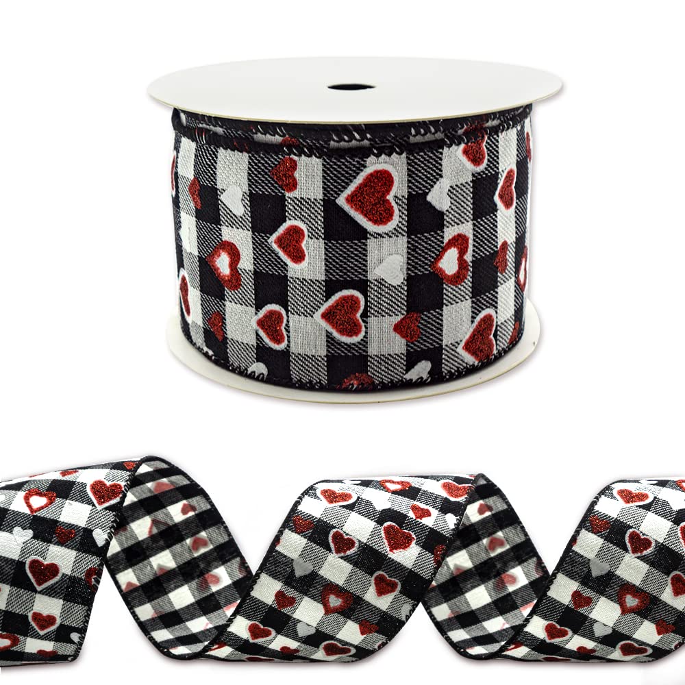 LANGFON Valentine's Day Fabric Ribbons 10 Yards, Valentine Heart Black White Buffalo Plaid Edge Wired Ribbon Gift Wrapping Wedding Party Decoration Tree Craft Supplies - 2.5 Inch x 10 Yards x 1 Roll