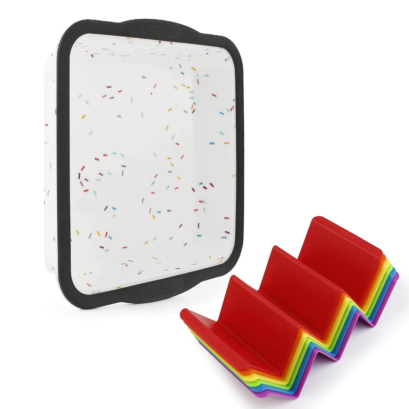 Colorful Taco Holder Stands Set of 6 - Premium Large Taco Tray Plates Holds Up to 3 or 2 Tacos Each, PP Health Material & Non-Stick Silicone Square Cake Pan 8 x 8 inch with reinforced Stainless Steel