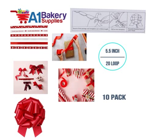 Red Flora Satin 5.5" Pull Bows 20 Loops Set of 10 Gift wrap Christmas Wedding Gift wrap Pill String Bows by A1 bakery supplies