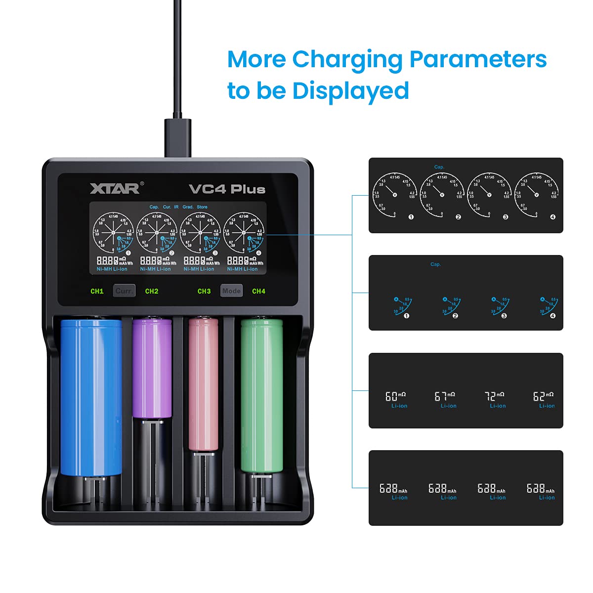 XTAR VC4 Plus Battery 3A Fast Charger, 4 Bay Rechargeable Battery Charger Extend Version for 3.6V 3.7V 18650/20700/21700 Li-ion IMR INR ICR for 1.2V AAA SC Ni-MH Ni-CD with QC3.0 Adapter