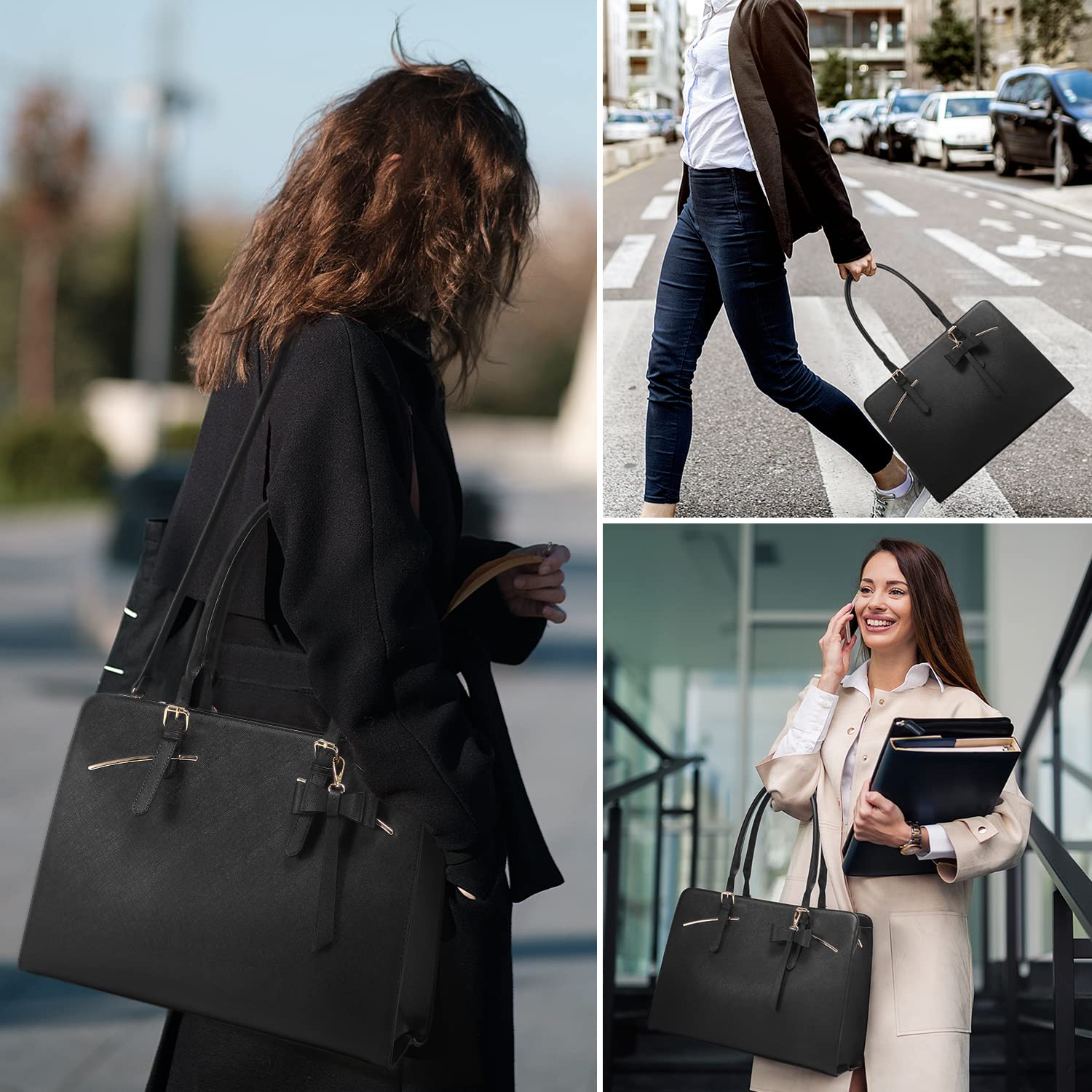 LOVEVOOK Laptop Bag for Women Work, Large Leather Laptop Tote Bag, 15.6 Inch Briefcase Purse Computer Bag with USB Charging Port, Business Office Handbag Shoulder Bag 2pcs Set, Black