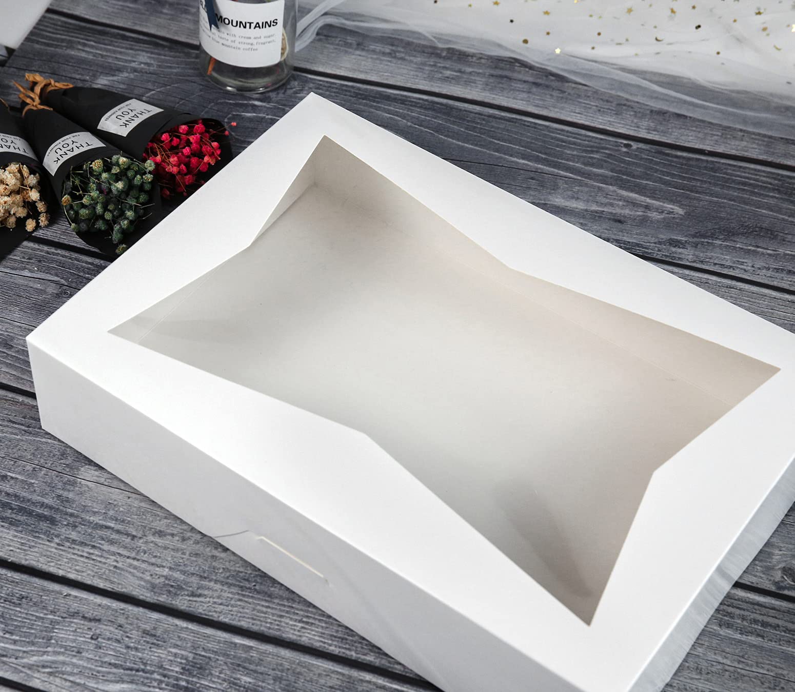 SOROO 15-PACK White Pastry Bakery Box 16x11x2.75inch,Large Donuts,Muffins,Cookies Boxes with PVC Window Auto-Pop up Paper Box Nature Cardboard Take Out Container,Hold 12 Donuts,Pack of 15