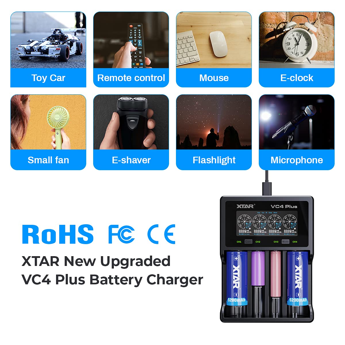 XTAR VC4 Plus Battery 3A Fast Charger, 4 Bay Rechargeable Battery Charger Extend Version for 3.6V 3.7V 18650/20700/21700 Li-ion IMR INR ICR for 1.2V AAA SC Ni-MH Ni-CD with QC3.0 Adapter